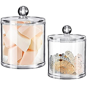 Bathroom Vanity Storage Organizer Canister Holder Apothecary Jars Set for Qtips,Cotton Balls,Swabs,Rounds,Makeup Sponges,Bath Salts,Premium Plastic Acrylic, Clear | 10oz.and 20oz.