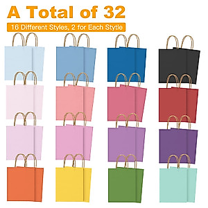 MOORAY 32 Pack Gift Bags with Handles, 7"x3.15"x 8.66" Paper Bags Kraft Bags 16 Different Senior Color Bags Multiple Uses for Wedding, Birthday, Party Supplies and Gifts（Multi01）