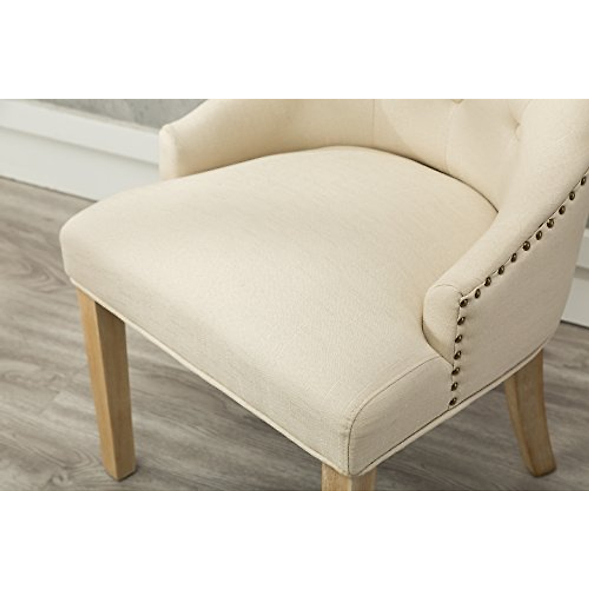 Roundhill Furniture Button Tufted Solid Wood Wingback Hostess Chairs with Nail Heads, Set of 2, Tan