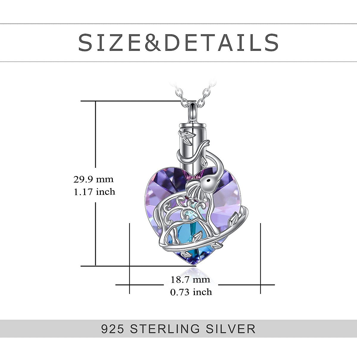 YFN Heart Crystal Urn Necklace for Ashes Cremation Jewelry Sterling Silver with Purple Blue Crystal Jewelry Gifts for Women Girls (Elephant)