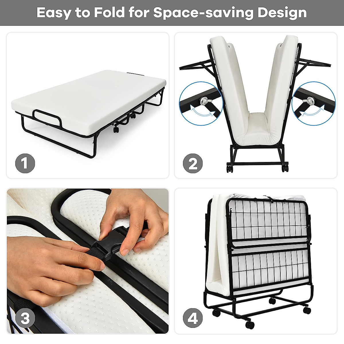 GORELAX Folding Bed with Mattress for Adults, Twin Size Small Portable Bed Set w/Metal Bed Frame & 4” Memory Foam Mattress, Foldable Bed Sleeping Cot Bed on Lockable Wheels, Rollaway Guest Bed