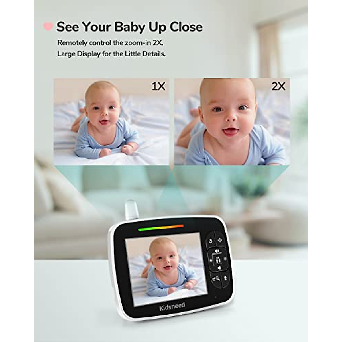 Kidsneed Baby Monitor - 3.5 Inch Video Baby Monitor with Remote Control Pan& Tilt &Zoom Camera, Two-Way Audio, Night Vision, Temperature Monitoring, Lullabies, 960ft Long Range