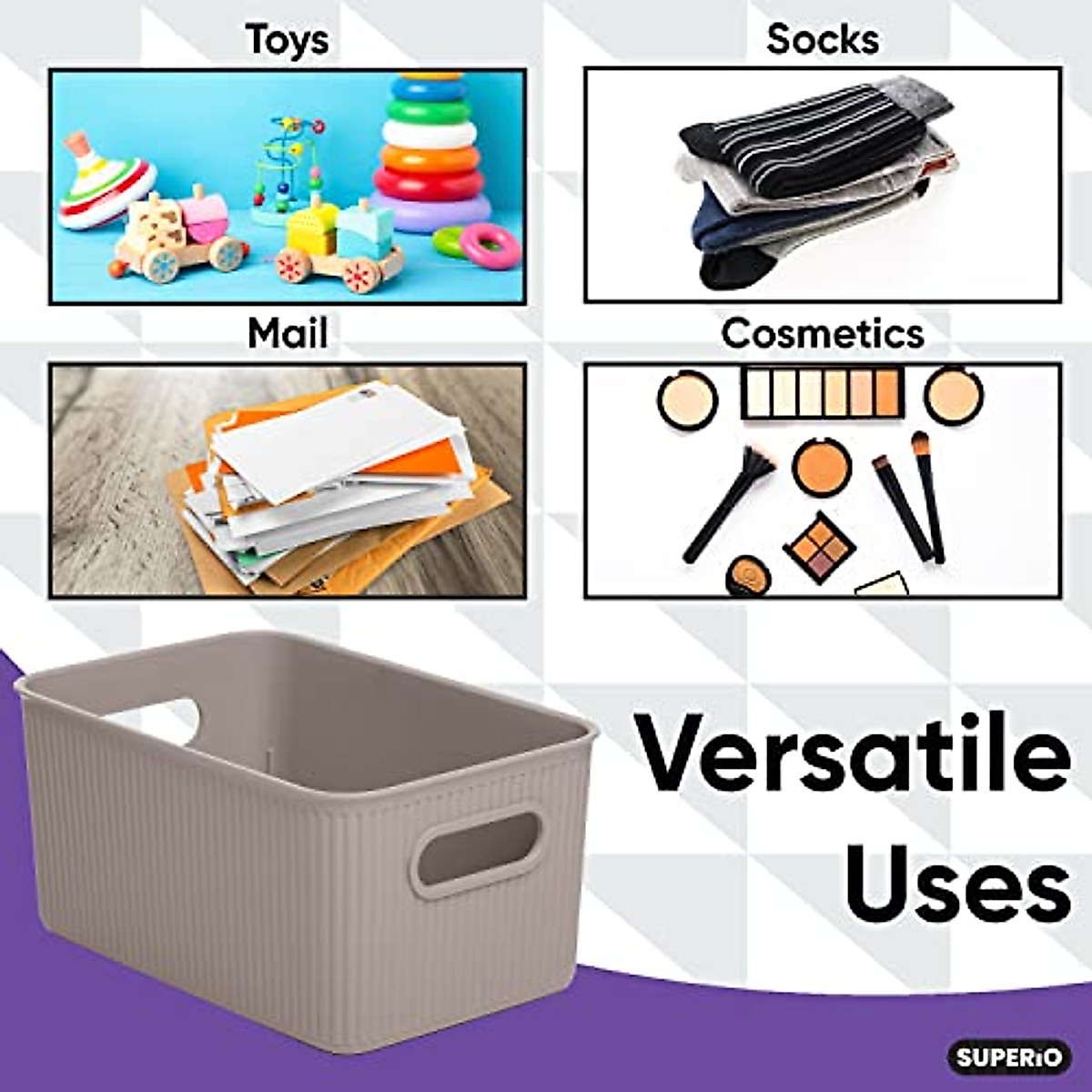 Superio Decorative Plastic Open Home Storage Bins Organizer Baskets, Medium Taupe (4 Pack) Container Boxes for Organizing Closet Shelves Drawer Shelf - Ribbed Collection 5 Liter