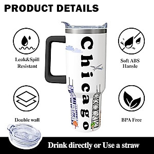 Vehcimbev City Themed Tumbler - 40oz With Hanld Stainless Steel Travel Coffee Mug with Leak Proof Lid - Hot/Cold Drinks,Perfect Chicago Souvenir Gift (Chicago)