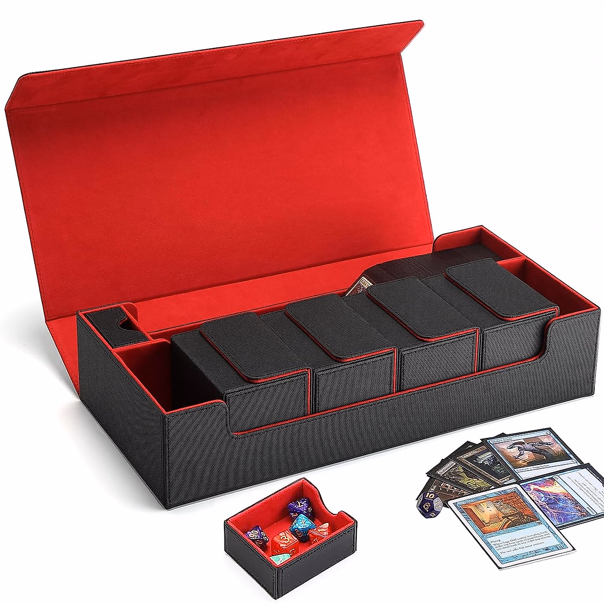 Scimi MTG Card Storage Box TCG Deck Case Holds Fits 5 Decks Card Box Or 800+ Sleeved Cards for MTG, YuGiOh, Uno, TCG, Trading Cards Sport Cards with Mat Case and Strong Magnet Closure (Black & Red)