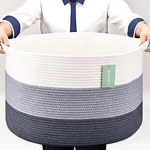 BOSROTY Extra Large Blanket Basket 87L, Laundry Hamper, Baby Nursery Hamper, Large Laundry Basket For Girls Boys, Cotton Rope Basket, Clothes Basket Laundry, 22”x 14”, White & Gray