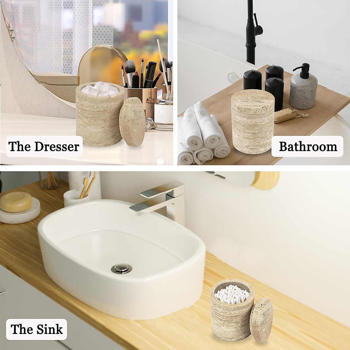 N NANSHOP Bathroom Qtip Holder Dispenser with Lid, Marble Vanity Cotton Ball Holder for Cotton Swab Ball Makeup Sponge Mat Bath Salt, Made of Real Marble, Beige White Travertine(NS019)