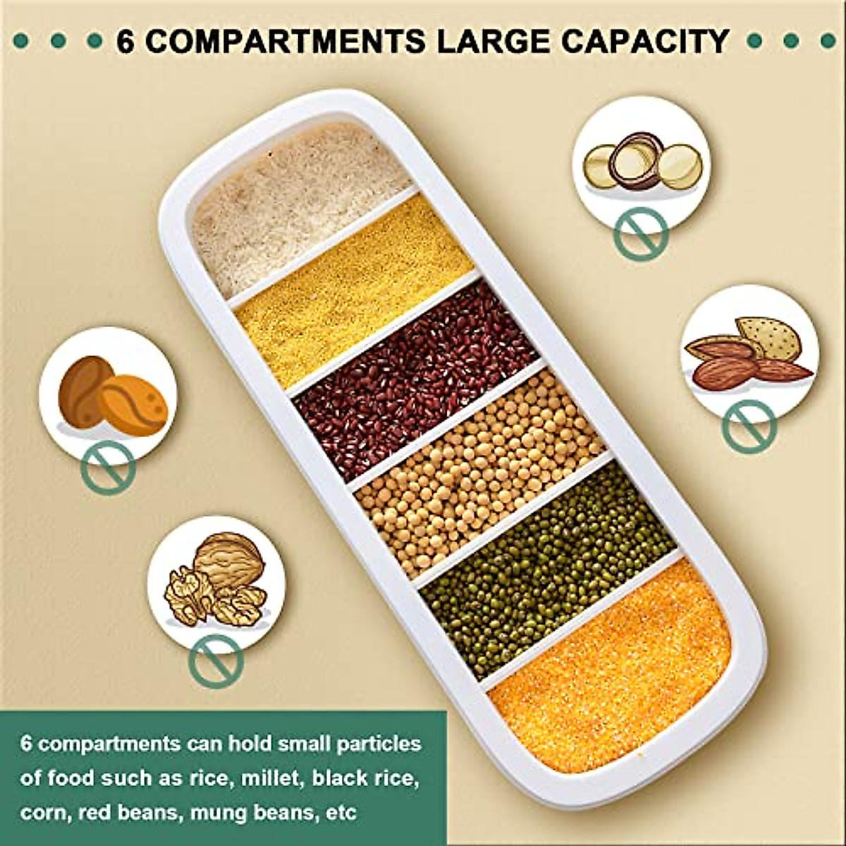 JIAWANSHUN Rice Dispenser Food Storage Container 6 Grids Bulk Rice Organizer Box Countertop Rice Holder Kitchen Dispenser Keeper for Grains Beans Corns