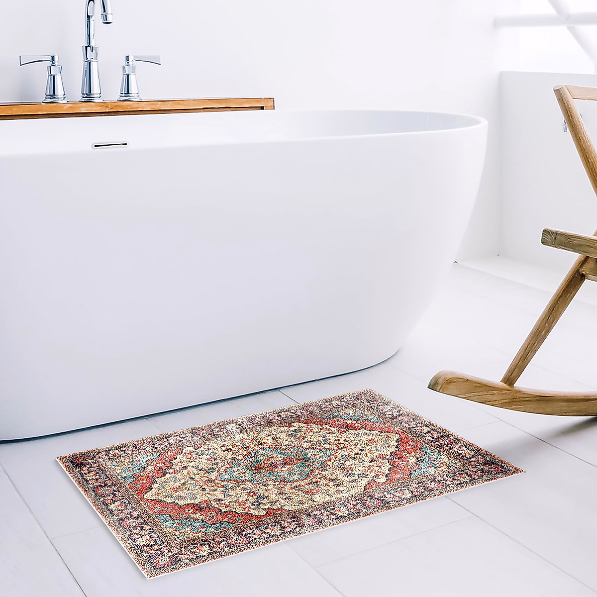 Red Contemporary Doormat Kitchen Bathroom Rug Floor Door Mat, Washable Welcome Entry Way Entrance Mat, Absorbent Hallway Accent Throw Runner Carpet, Abstract Oriental Flower Leaves 16"x24"