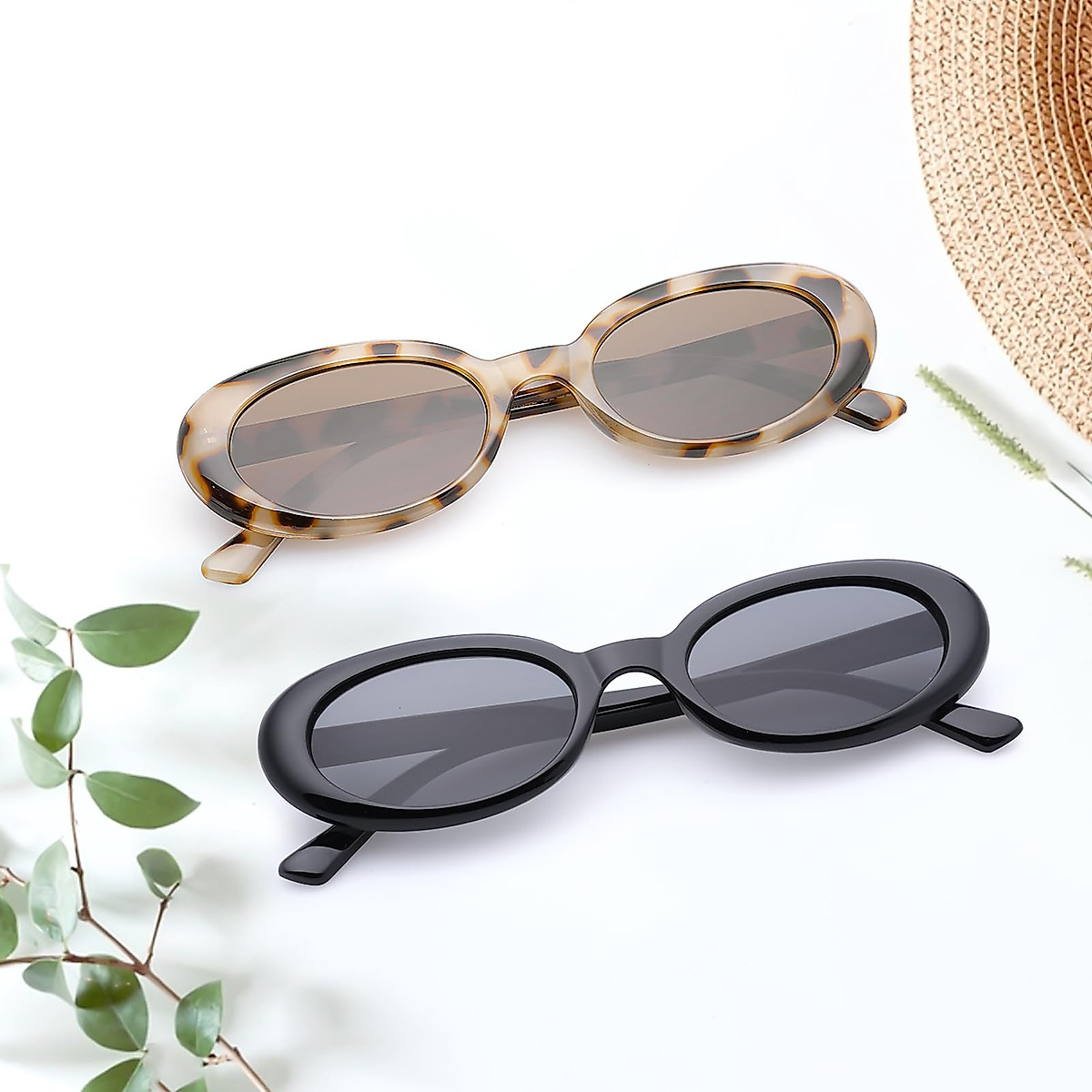 knliwkm 2 Pairs Retro Oval Sunglasses For Women Men Small Face 90s Y2K Glasses Vintage Thin