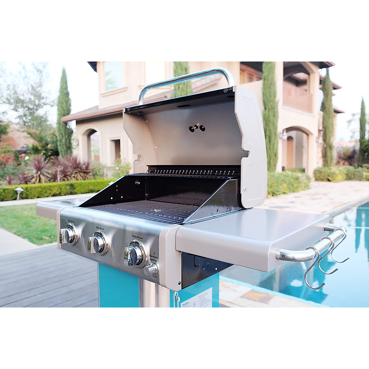 Kenmore 3-Burner Propane BBQ Grill, 30,000 BTUs Gas Grill with Cast Iron Cooking Grates, Folding Side Tables & Wheels, Outdoor Grill with Tool Hooks, Teal