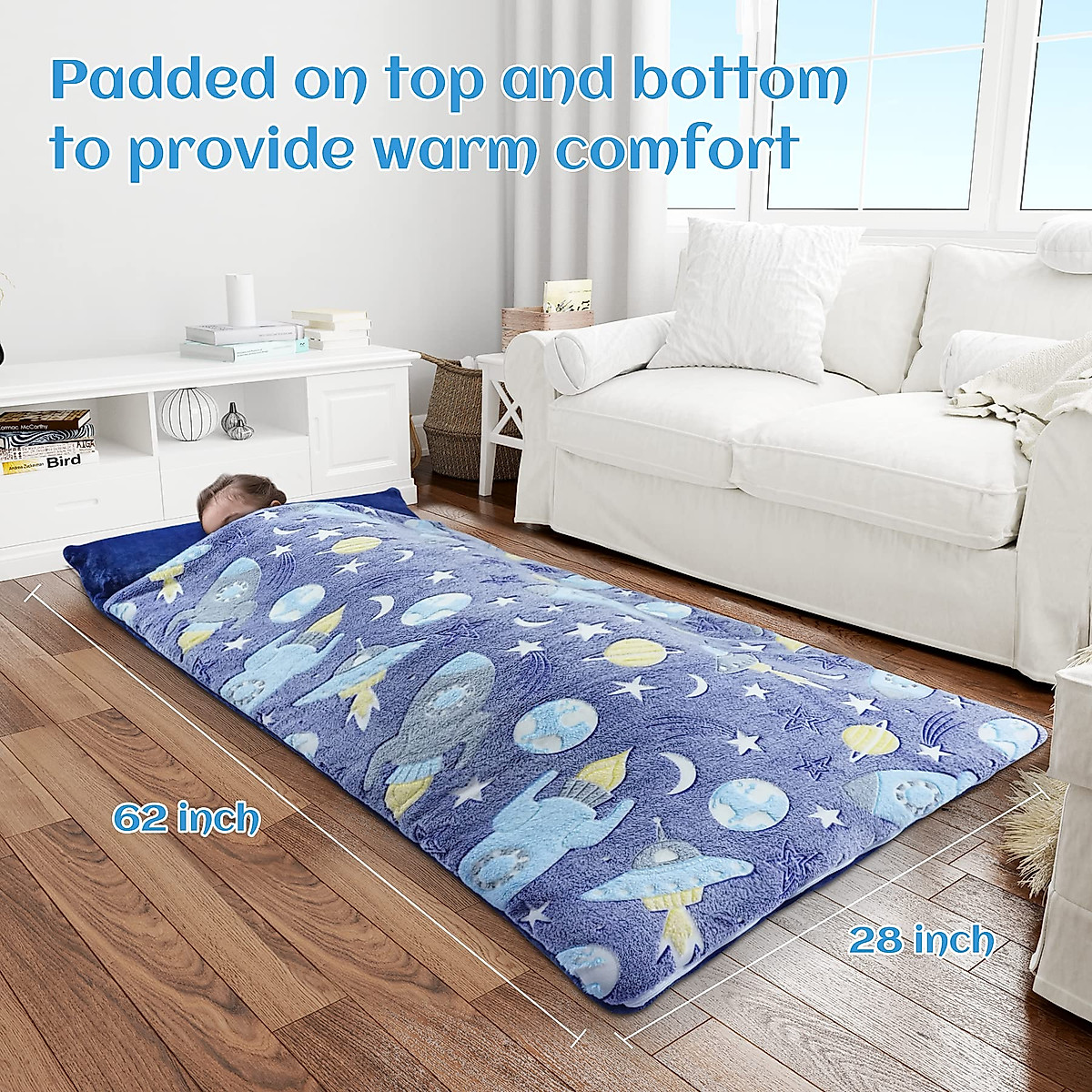 Kids Sleeping Bags, Glow in The Dark Slumber Bag for Kids, Toddler Nap Mat with Pillow and Blanket for Sleepover, Daycare, Preschool (62" x 28") (Space Explore)