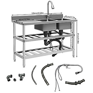 Commercial Restaurant Sink,Stainless Steel Utility Sink Free-standing Kitchen Sink,Double Bowl Kitchen with Strainer, 201 Stainless Steel Freestanding Kitchen,Hand Washing Sink with Side Splashes