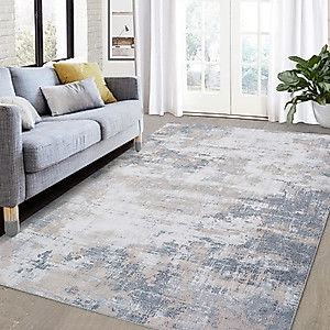 ROYHOME 9x12 Area Rug Large Machine Washable Modern Abstract Area Rug Contemporary Stain Resistant Non-Slip Accent Rug Foldable Floor Cover Carpet Rug for Living Room Bedroom Home Decor, Grey/Taupe