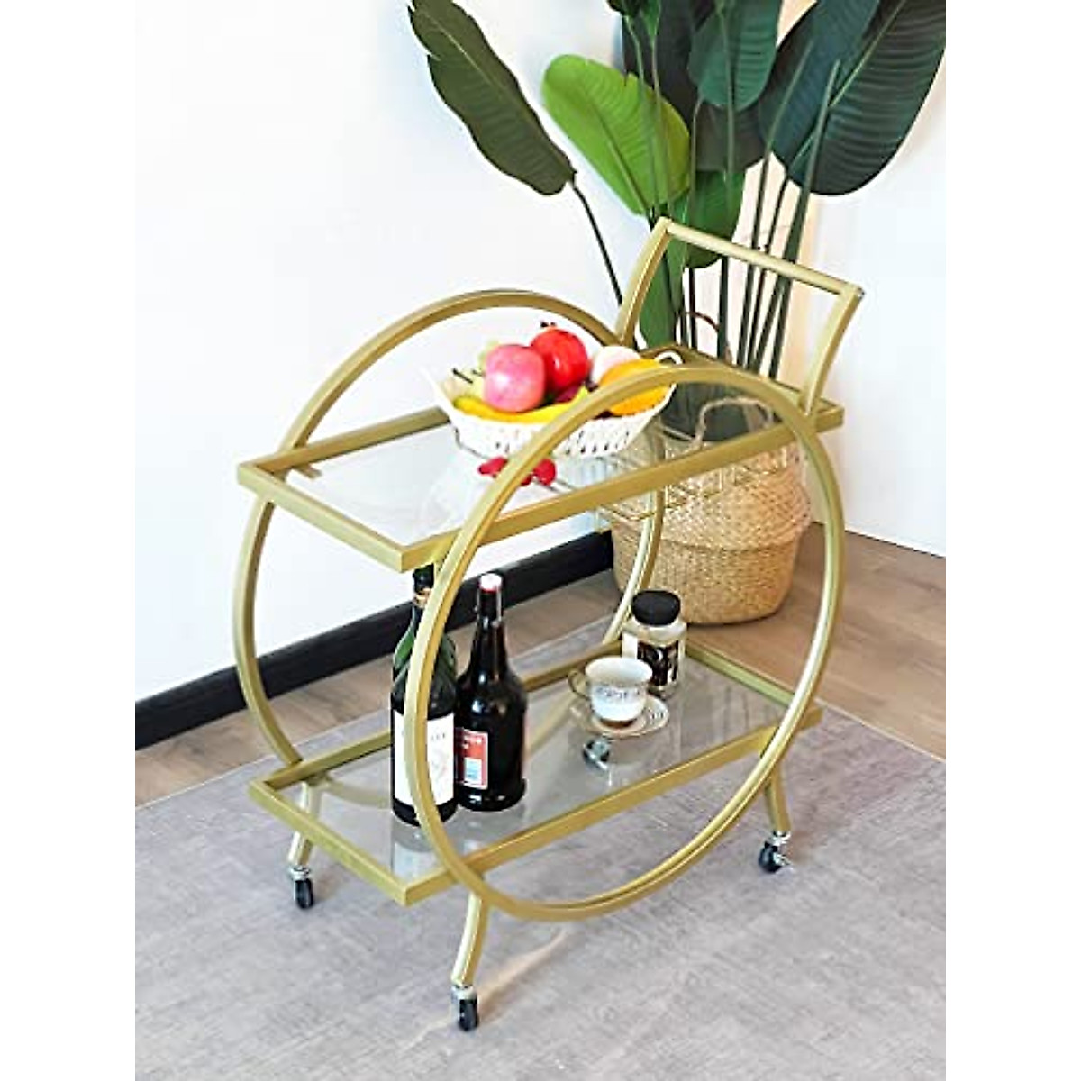 SMARTISBEAUTY Gold Bar Cart, 2-Tier Rolling Mobile Home Bar and Serving Beverage Carts with Glass Holdler, Modern Metal Wine Cart with Lockable Wheels 28" W x 14" D x 31”H