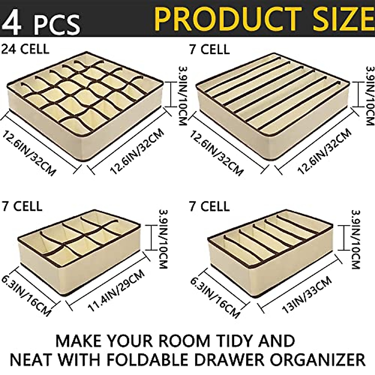 4 Pieces Underwear Drawer Organizers Divider,Fabric Foldable Dresser Storage Basket Organizers,Clothing Storage Organizers Box Bins for Bra,Lingerie, Panties, Socks, Briefs,Ties, Belts