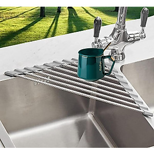 ALIMART Over the Sink Dish Drying Rack Roll Up and Triangle for Kitchen Corner Drainer Mat Foldable Stainless Steel (Triangle), Silver
