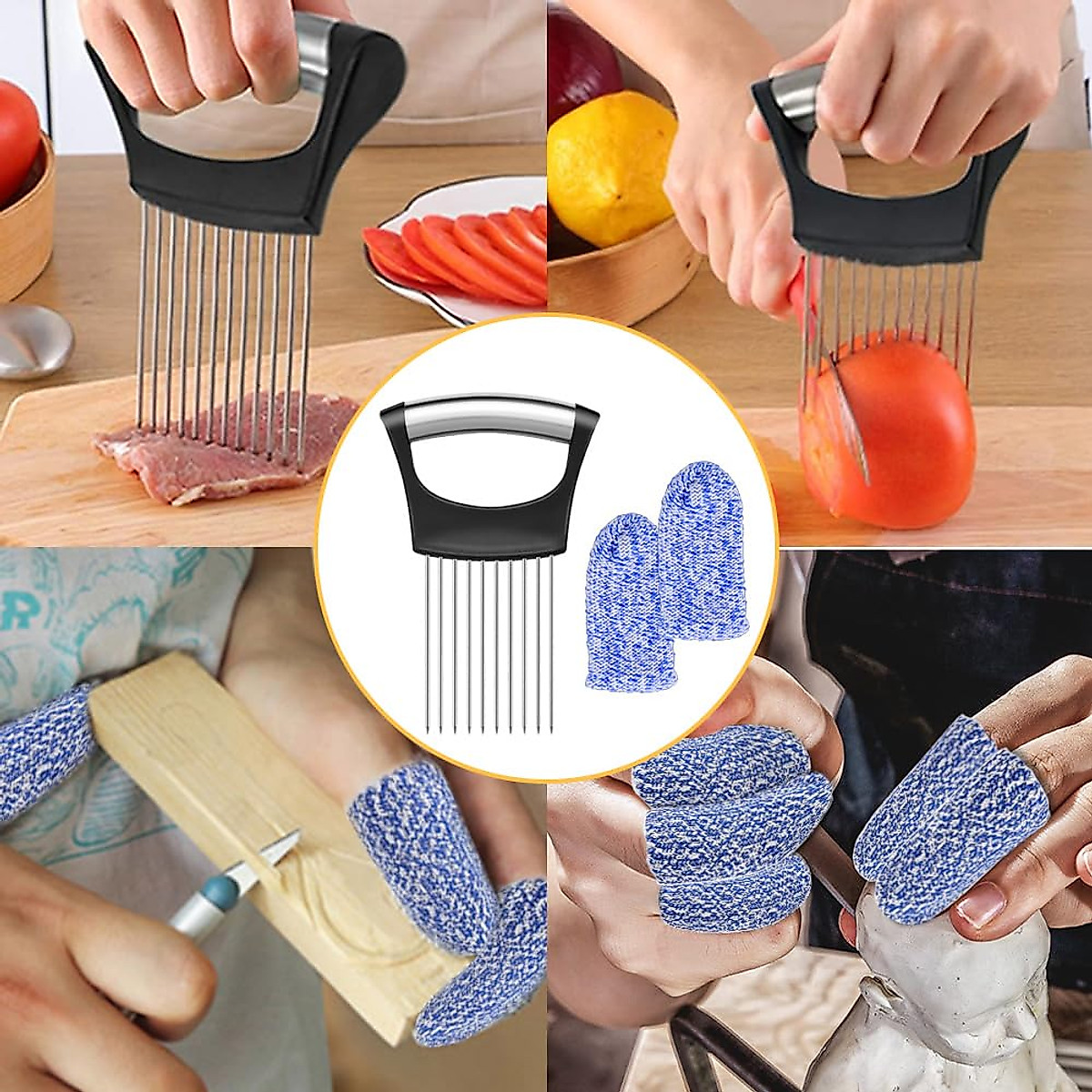 7PCS Finger Guards for Cutting Food - Stainless Steel Knife Cutting Finger Protector, Onion Holder for Slicing, Finger Cots, Thumb Guard Peelers, Onion Slicer, Knife Guard, Kitchen Tool