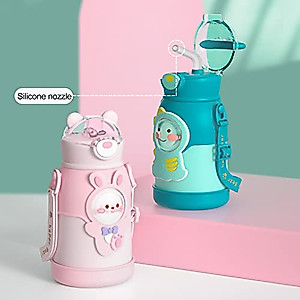 ZTGD Cute Insulated Water Bottle 500ml for Kid&Lady,Kawaii Thermos Cup with Straw,Hanging Rope&Cute Pattern,Stainless Steel Coffee Vacuum Thermos Bottle Keep Drinks Hot or Cold for Travel,School,Offi