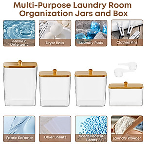 COAZEX 4 Pack Clear Laundry Pods Container & Dryer Sheet Holder, Plastic Square Laundry Room Organization and Storage Jars with Lids, Scoops & Labels for Detergent, Powder, Dryer Balls, Beads