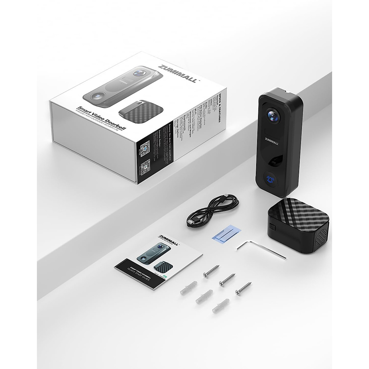 ZUMIMALL 2K FHD Doorbell Camera Wireless, WiFi Video Doorbell Camera with Chime, IP66 Waterproof, Motion Detection, Night Vision, 2-Way Audio, Local & Cloud Storage, 2.4G WiFi, 30s Voice Message