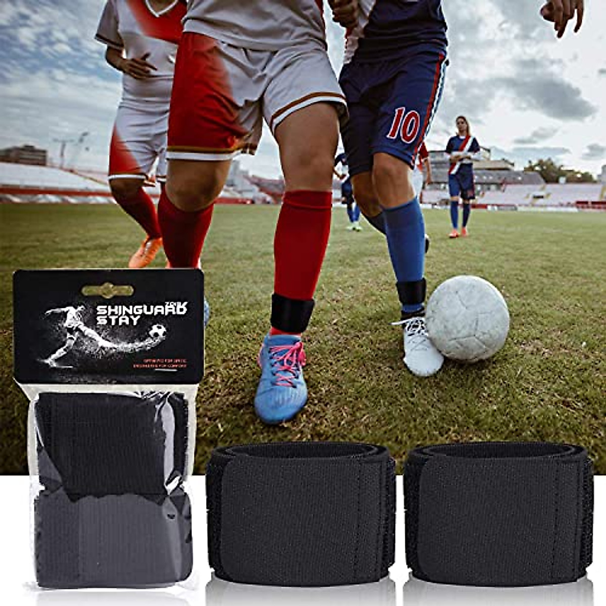 TOBWOLF 4PCS Soccer Shin Guard Strap, Anti Slip Sports Football Legging Shin Fixed Straps, Black & White Ankle Guards for Kicking Ball, Running, Cycling