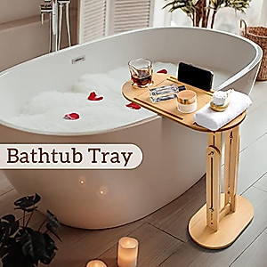PETIARKIT Foldable Bathtub Tray, Bamboo Bathtub Tray Table with Wine Glass and Phone Holder, Height Adjustable, Waterproof Bath Caddy Tray for Luxury Bath, Home Organizer for Sofa, Bed, Table.