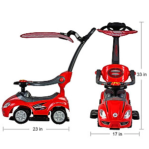 ChromeWheels 3 in 1 Ride on Toys Pushing Car with Removable Sun Visor, Mega Car for Toddlers w/Handle & Horn & Music, Color Red