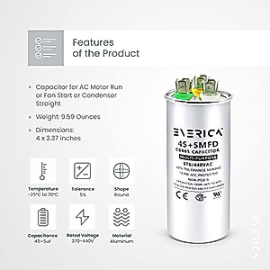 EVERICA 45+5 uF 45/5 MFD ±6% 370V/440VAC CBB65 HVAC Dual Run Circular Start 45/5 440v Capacitor for AC Air Conditioning Run Capacitor Motor Run Fan Start or Condenser Straight