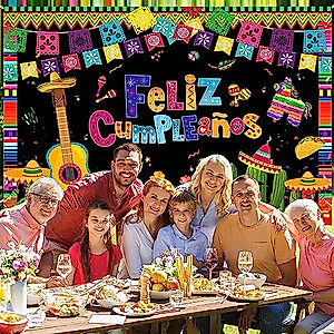 Feliz Cumpleaños Backdrop Mexican Fiesta Happy Birthday Party Decorations Supplies Cactus Balloons Mexico Cinco De Mayo Carnival Bday Cake Table Banner Photography Background Photo Props
