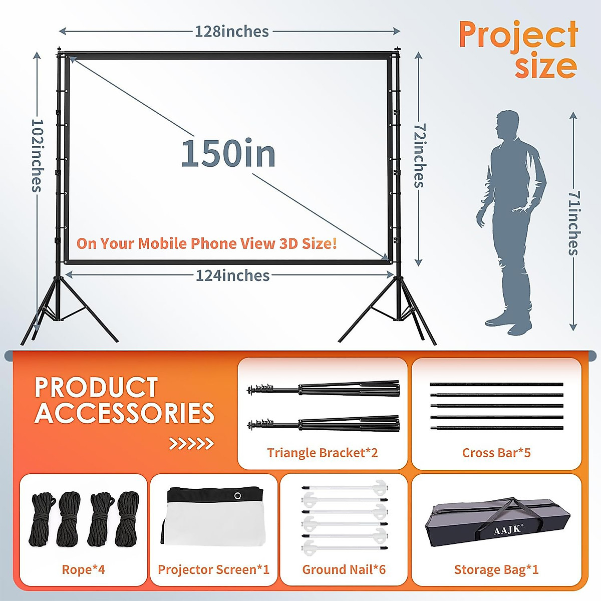 AAJK 150in Projector Screen and Stand,Portable 16:9 4K HD Indoor Outdoor Projection Screen with Wrinkle-Free Design, Ideal for Home Theater and Backyard Cinema – Includes Carry Bag