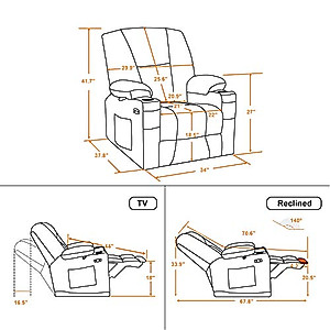 MCombo Fabric Electric Power Recliner Chair with Heat and Massage, Cup Holders, USB Ports, Extended Footrest, Cloth Powered Reclining for Living Room 8015