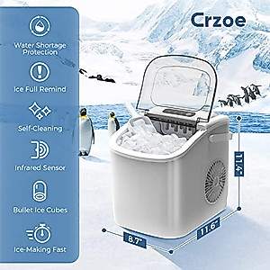 Portable Countertop Ice Maker Machine with Handle, 9 Bullet-Shaped Ice Cubes Ready in 6 Mins, 26Lbs/24H, Self-Cleaning Function with Ice Scoop and Basket for Home/Kitchen/Party (Grey)