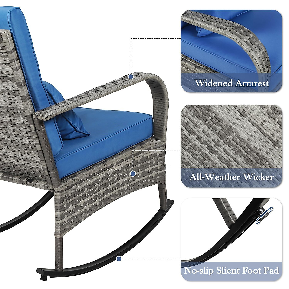 FUNKOCO 3 Pieces Patio PE Rattan Conversation Chair Set, Outdoor Furniture Rocking Chair Set with Water-Proof Cushion&Coffee Table for Garden,Backyard and Porch (Dark Blue)