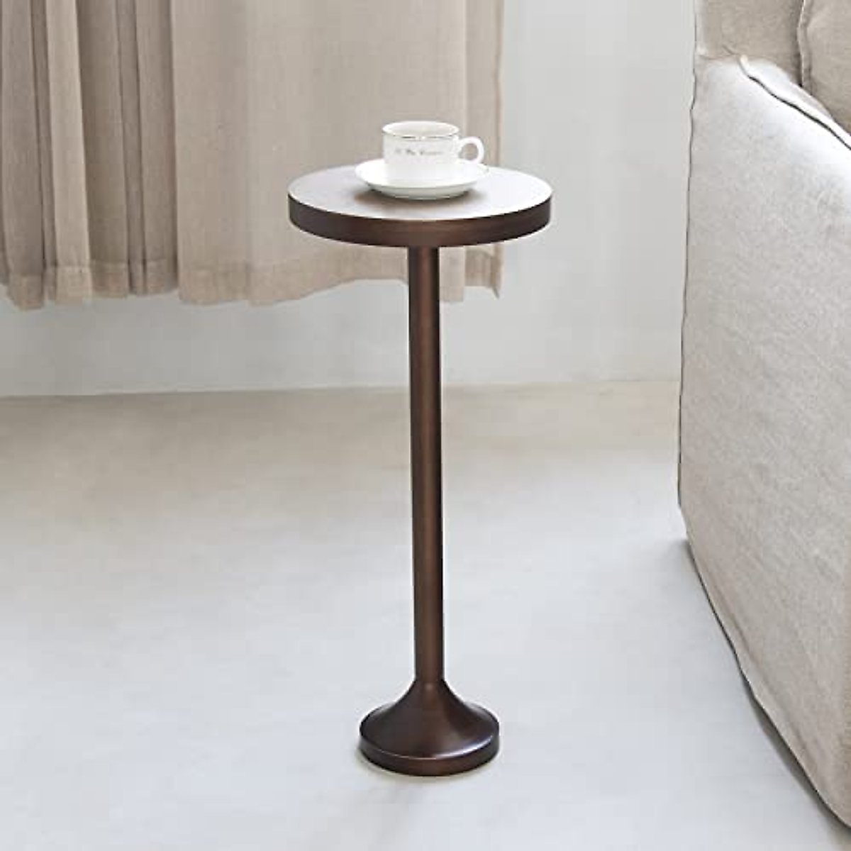 COZAYH Small Pedestal End Table, Metal Base Side Table, Drinking Table with Scratching Distressed Finish, Light Espresso, Brown Desktop (BY-TB0009)