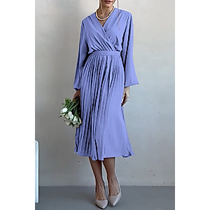 PRETTYGARDEN Women's Spring Midi Dress Long Puff Sleeve Wrap V Neck Flowy Ruffle Pleated Casual Fall Dresses (Blue,Large)