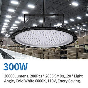 300W UFO LED High Bay Light lamp Factory Warehouse Industrial Lighting 30000 Lumen 6000-6500K IP54 Warehouse LED Lights- High Bay LED Lights- Commercial Bay Lighting for Garage Factory Workshop Gym