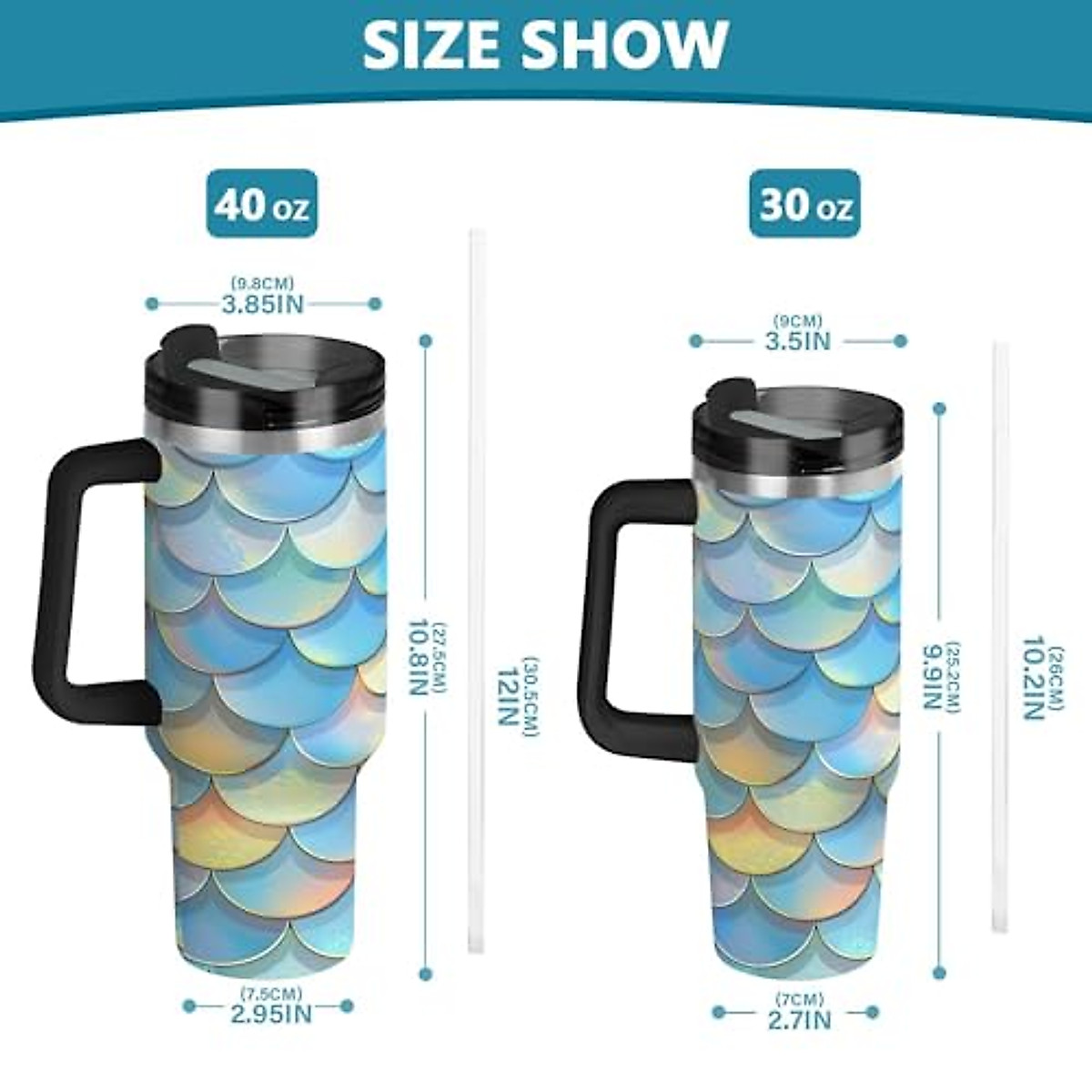 FRCSDIY Colored Fish Scales Insulated Tumbler with Handle and Straw Lid,30oz Leakproof Stainless Steel Cup BPA-Free Water Bottle