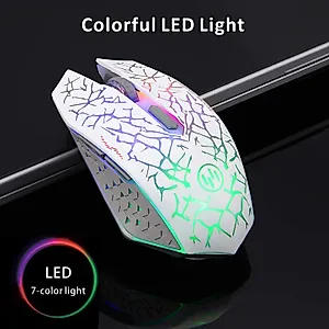 TENMOS K6 Wireless Gaming Mouse, Rechargeable Silent LED Optical Computer Mice with USB Receiver, 3 Adjustable DPI Level and 6 Buttons, Auto Sleeping Compatible Laptop/PC/Notebook (White)