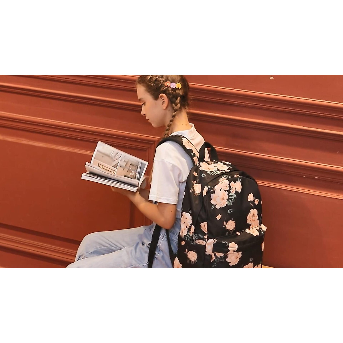 School Backpack for Teen Girls Bookbags Elementary High School Floral Laptop Bags Women Travel Daypacks (Black flower)