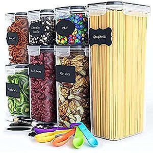 Airtight Food Storage Containers for Kitchen Organization 7 PC - Plastic Food Canisters with Lids, Labels, Marker & Spoons for Pantry Organization and Storage - Cereal, Flour and Sugar Containers
