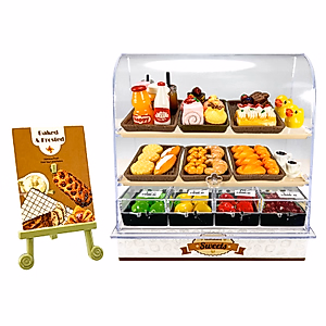 86 Pieces Miniature Bakery Case Cake Stand Display Cabinet with Food Set Mini Plastic Counter Dessert Donuts for 1:12 Doll House Store Scene Decoration Gift Dollhouse Bread Shop Model Playhouse