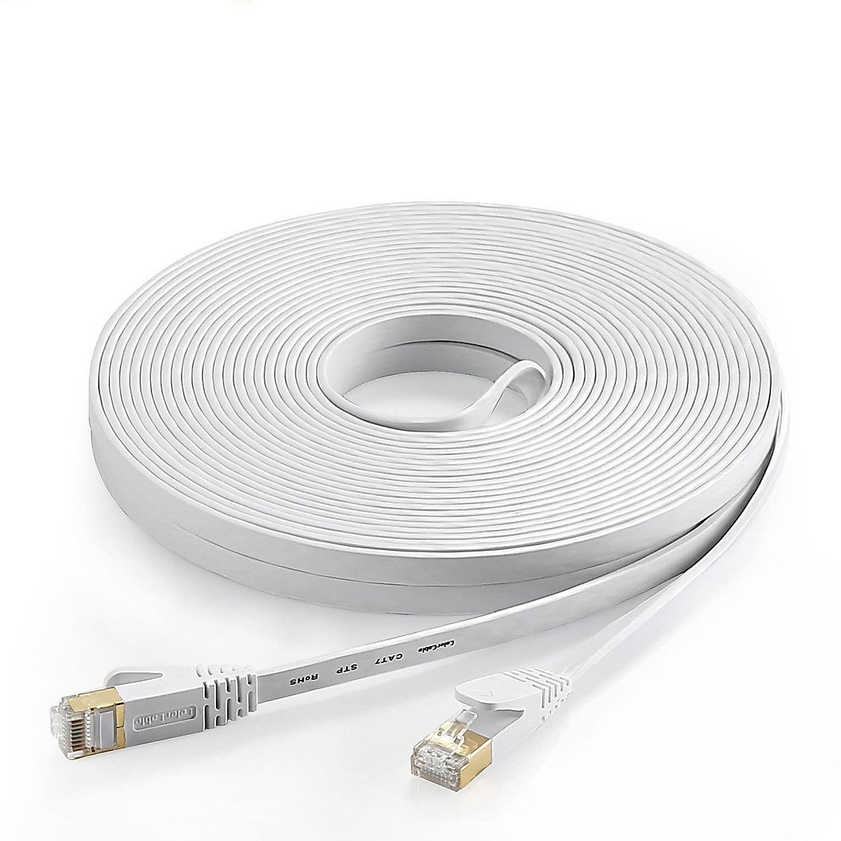 CelerCable - Flat Ethernet Cable Shielded(STP) Cat7 100ft with Snagless RJ45 Connectors, Long Slim Network Cable Flat Cat 7 Ethernet Patch Cable, Internet Patch Cable Computer Networking Cord (White)