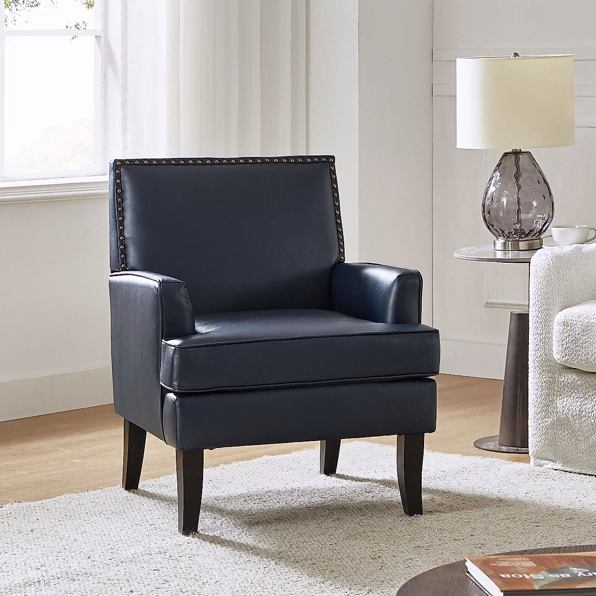 HULALA HOME Modern Faux Leather Accent Chair, Comfy Upholstered Sofa Chair with Nailhead Trim, Living Room Bedroom Armchair with Wood Legs, Navy