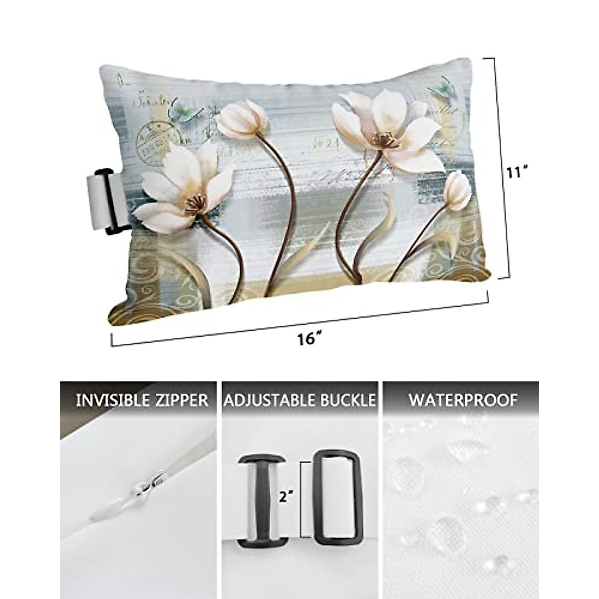 Recliner Head Pillow Ledge Loungers Chair Pillows with Insert White Tulip Flower Butterfly Vintage Postcard Lumbar Pillow with Adjustable Strap Outdoor Waterproof Patio Pillows for Beach Pool, 2 PCS