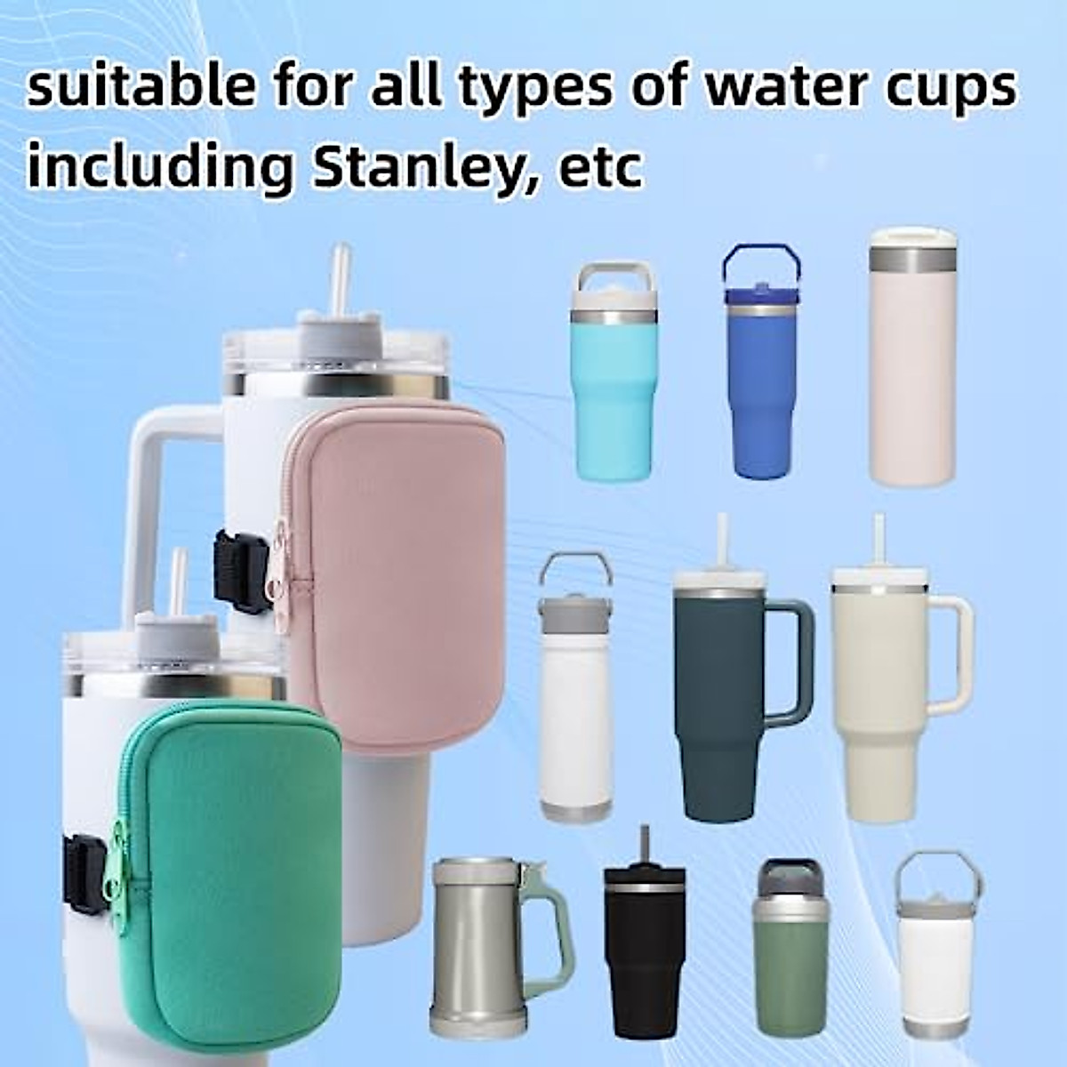 SAPYONY 2pcs Water Bottle Pouch For Stanley Quencher Adventure 40oz & Stanley IceFlow 20oz 30oz,tumbler pouch with Pocket, for Cards, Keys, Wallet, Earphone,Compact, Versatile(Khaki, Lake Green)