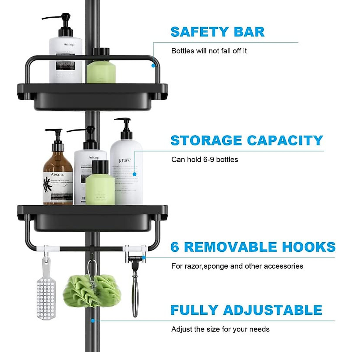 FRDECON Rustproof Shower Caddy Corner for Bathroom, 4-Tier Tension Pole Stainless Steel Shower Organizer, 56 to 117 Inch Adjustable Bathtub Shower Shelf Storage with 1 Tower Bar, Black