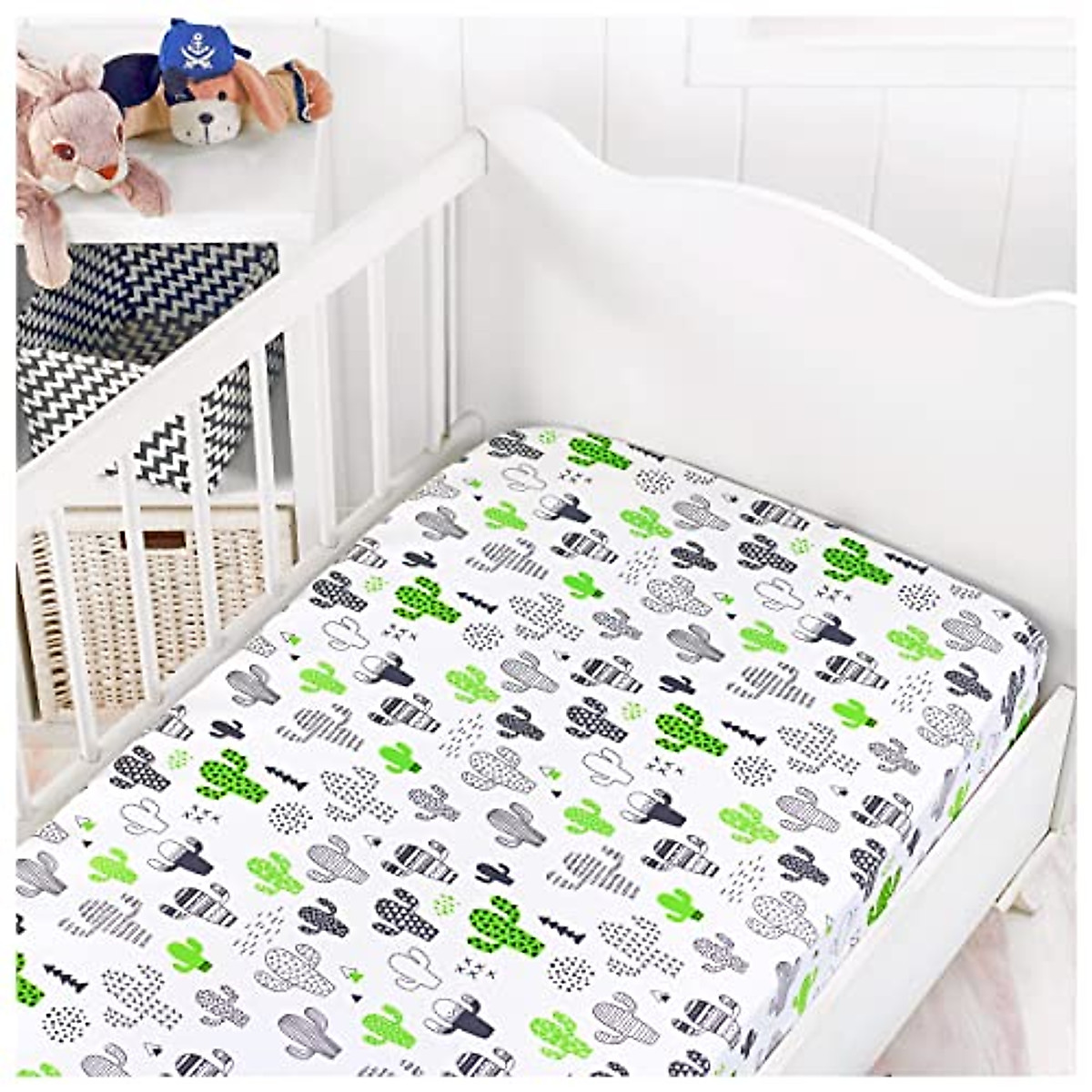 Handywa - 100% Cotton 2 Pack Fitted Crib Sheet Set for Baby and Toddler Bed Mattresses - Green Cactus and Black Stars for Boy or Girl Nursery