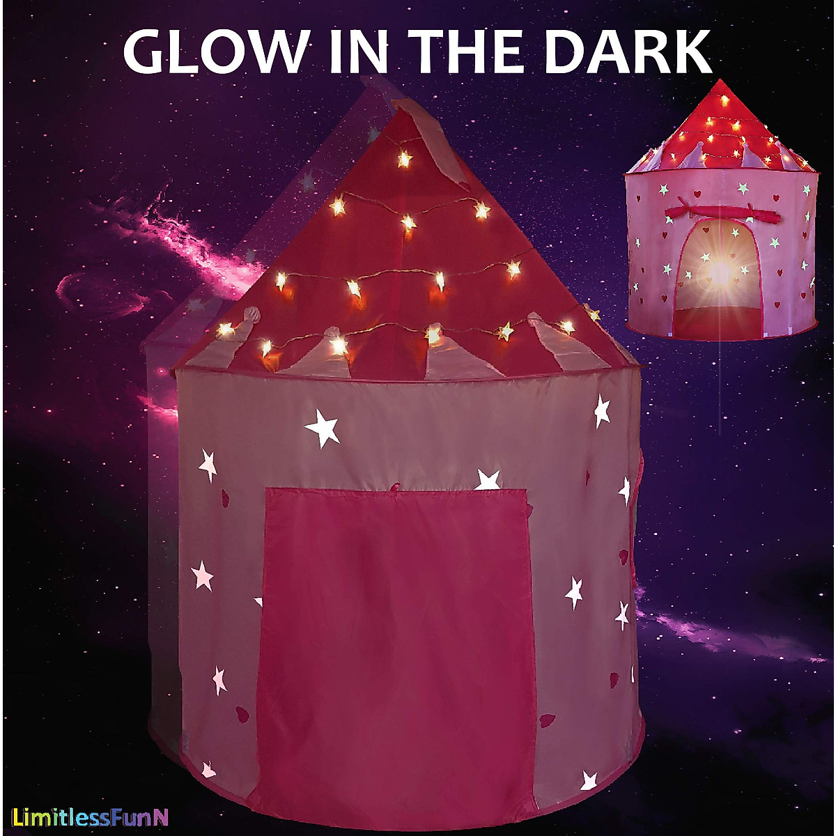 LimitlessFunN Princess Pop Up Kids Play Tent | Includes Star Lights & Carrying Case |, Children Indoor Castle Playhouse for Girls, Toddlers, 41" D x 41" W x 53" H