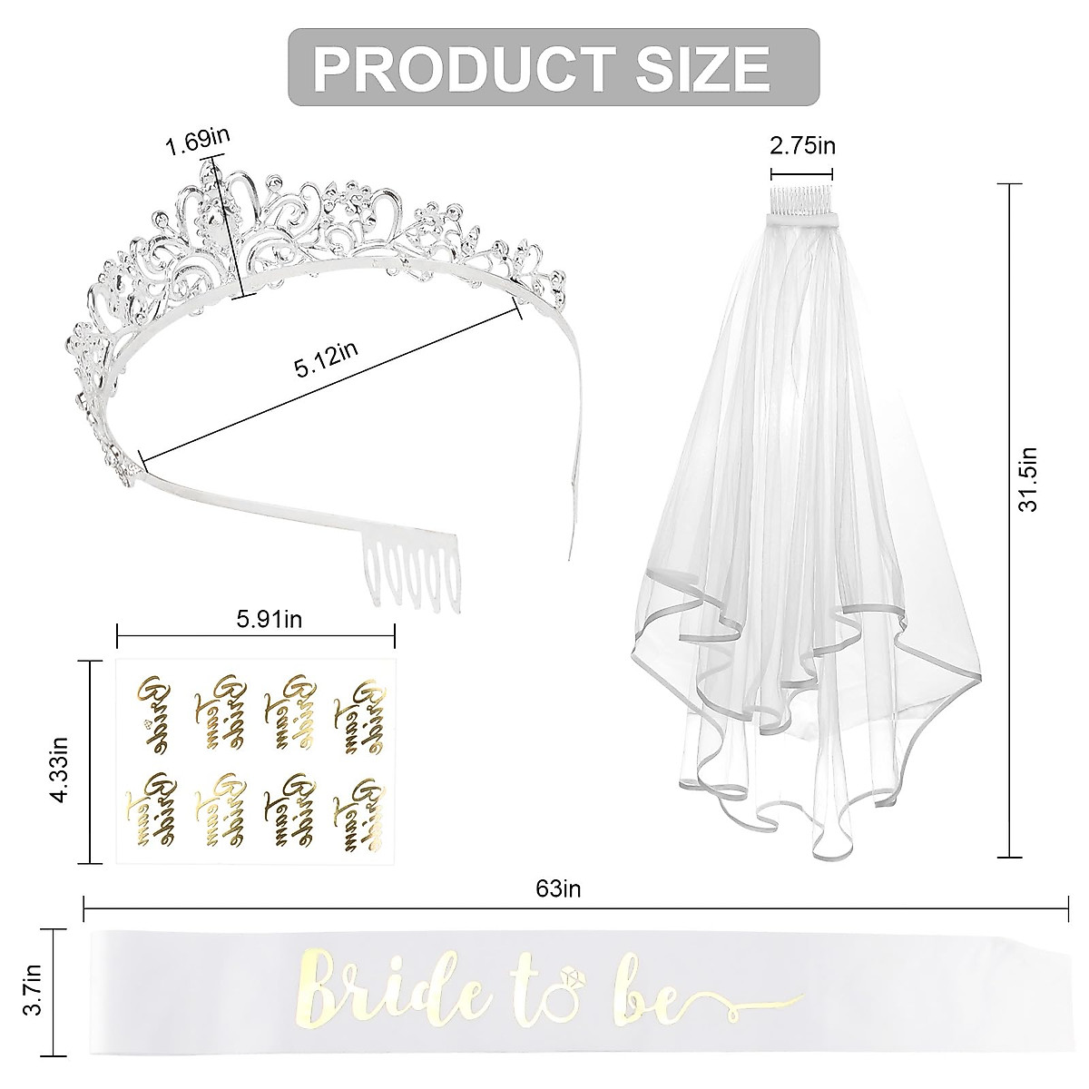 CIEHER Silver Tiara + Wedding Veil + Bride To Be Sash + Bachelorette Temporary Tattoos Set, Bachelorette Party Favors Bridal Shower Decorations